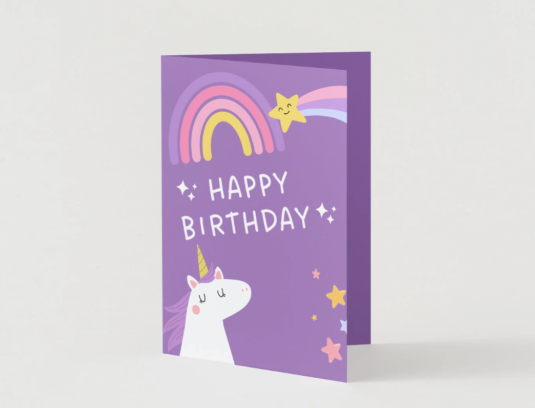 Magical Unicorn Happy Birthday Card – Purple Fantasy Design